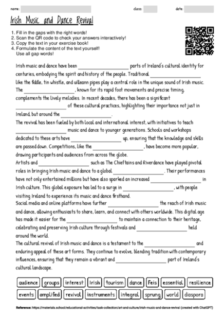 Worksheet with the topic "Irish Music and Dance Revival" | MATERIALS.SCHOOL