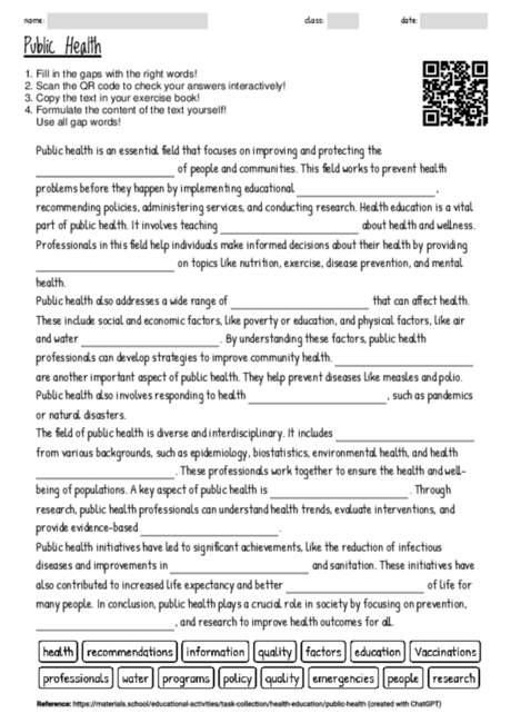 Worksheet with the topic "Public Health" | MATERIALS.SCHOOL