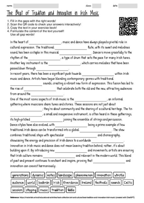 Worksheet with the topic "The Beat of Tradition and Innovation in Irish ...
