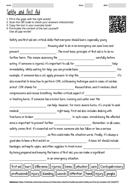 Worksheet with the topic "Safety and First Aid" | MATERIALS.SCHOOL