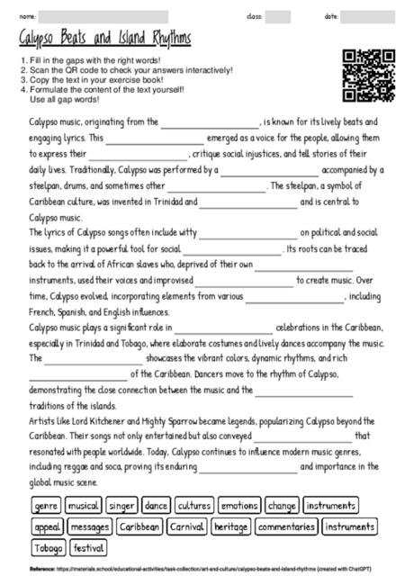 Worksheet with the topic "Calypso Beats and Island Rhythms" | MATERIALS ...