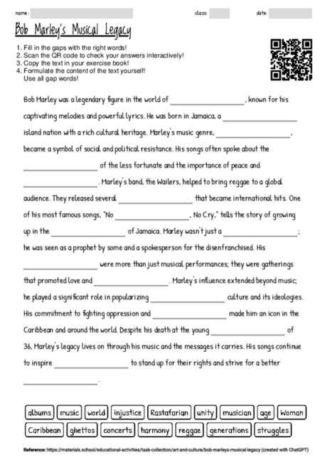 Worksheet with the topic "Bob Marley's Musical Legacy" | MATERIALS.SCHOOL