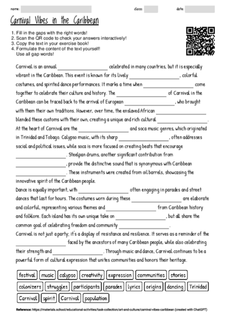 Worksheet with the topic "Carnival Vibes in the Caribbean" | MATERIALS ...