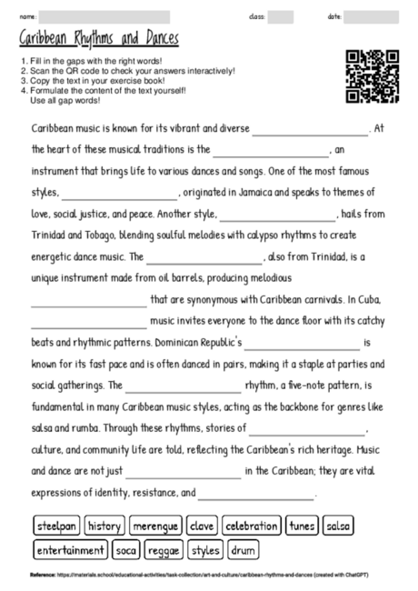 Worksheet with the topic "Caribbean Rhythms and Dances" | MATERIALS.SCHOOL
