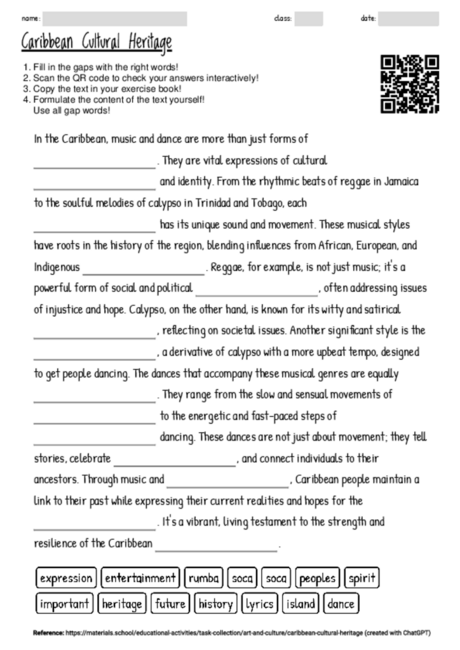 Worksheet with the topic "Caribbean Cultural Heritage" | MATERIALS.SCHOOL