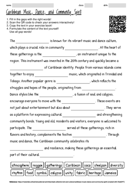 Worksheet with the topic "Caribbean Music, Dance, and Community Spirit ...