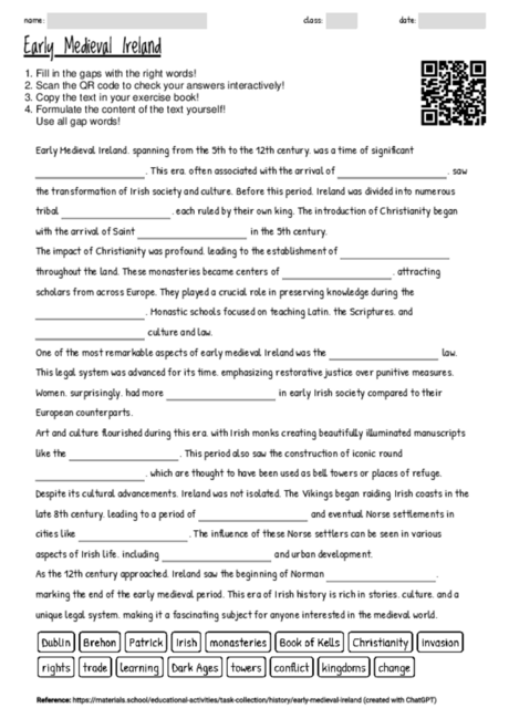 Worksheet with the topic "Early Medieval Ireland" | MATERIALS.SCHOOL