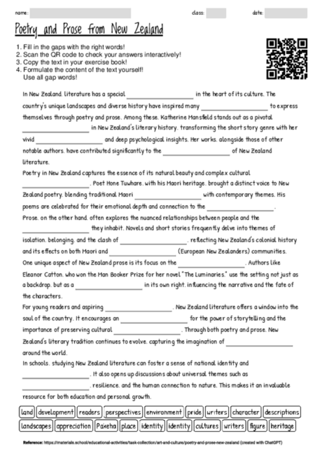 Worksheet with the topic "Poetry and Prose from New Zealand ...