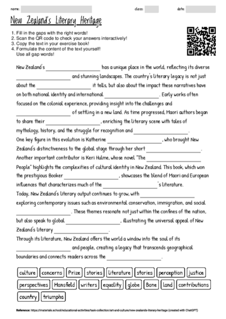 Worksheet with the topic "New Zealand's Literary Heritage" | MATERIALS ...