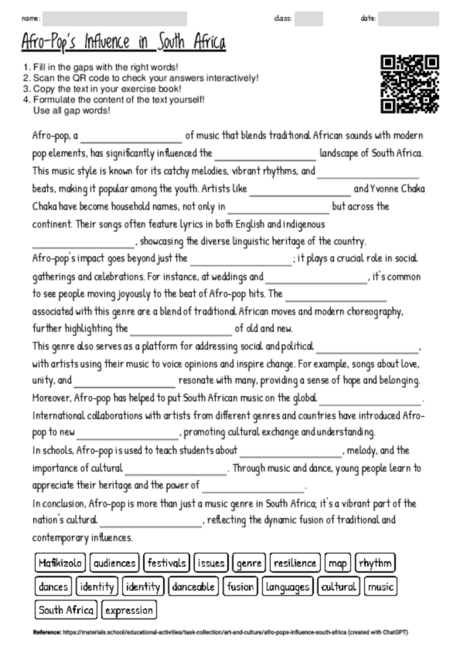 Worksheet with the topic "Afro-Pop's Influence in South Africa ...