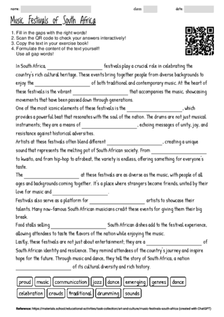Worksheet with the topic "Music Festivals of South Africa" | MATERIALS ...