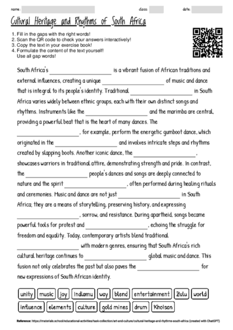 Worksheet with the topic "Cultural Heritage and Rhythms of South Africa ...