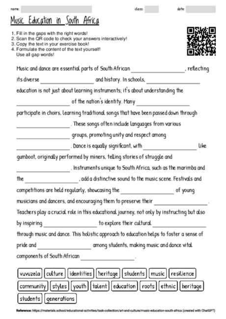 Worksheet with the topic "Music Education in South Africa" | MATERIALS ...