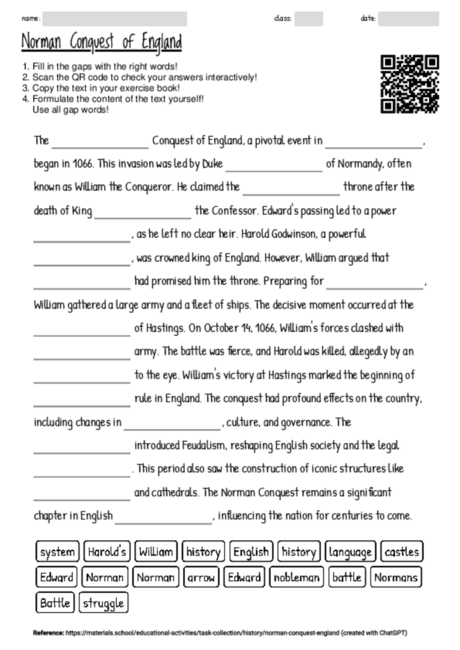 Worksheet with the topic "Norman Conquest of England" | MATERIALS.SCHOOL