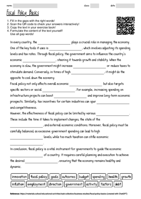 Worksheet with the topic "Fiscal Policy Basics" | MATERIALS.SCHOOL