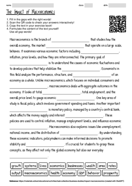 Worksheet with the topic "The Impact of Macroeconomics" | MATERIALS.SCHOOL