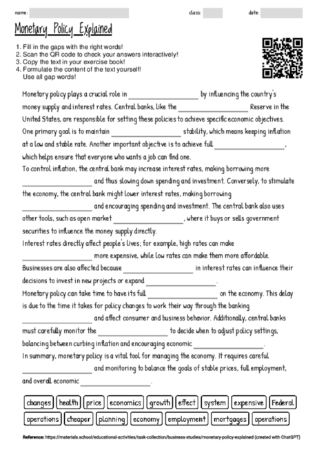 Worksheet with the topic "Monetary Policy Explained" | MATERIALS.SCHOOL