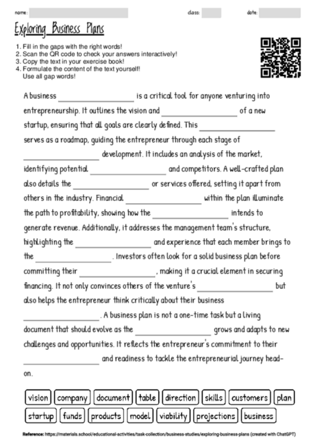 Worksheet with the topic "Exploring Business Plans" | MATERIALS.SCHOOL