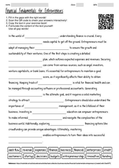 Worksheet with the topic "Financial Fundamentals for Entrepreneurs ...