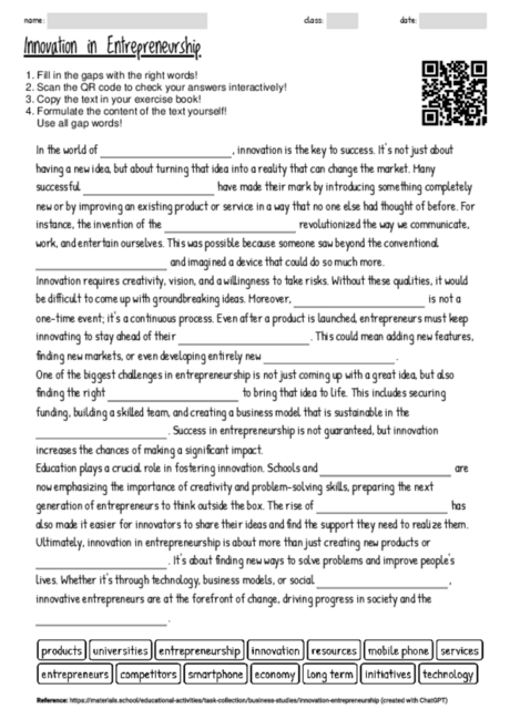 Worksheet with the topic "Innovation in Entrepreneurship" | MATERIALS ...
