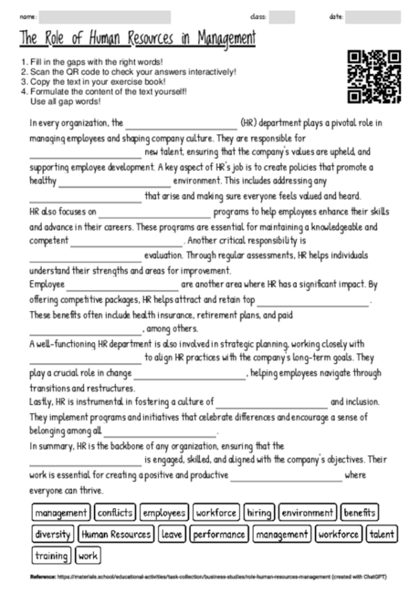 Worksheet with the topic "The Role of Human Resources in Management ...