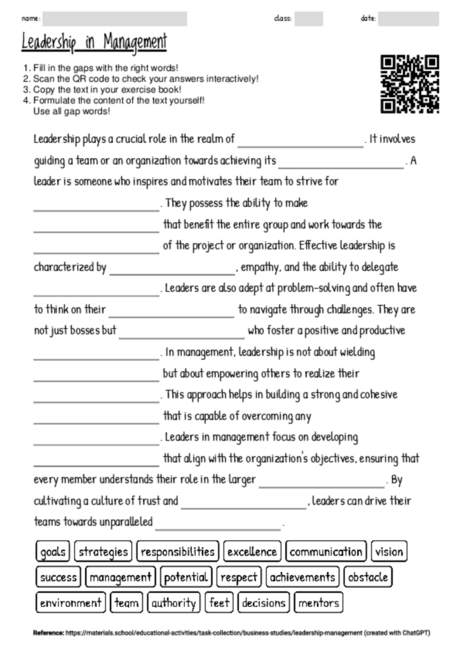 Worksheet with the topic "Leadership in Management" | MATERIALS.SCHOOL