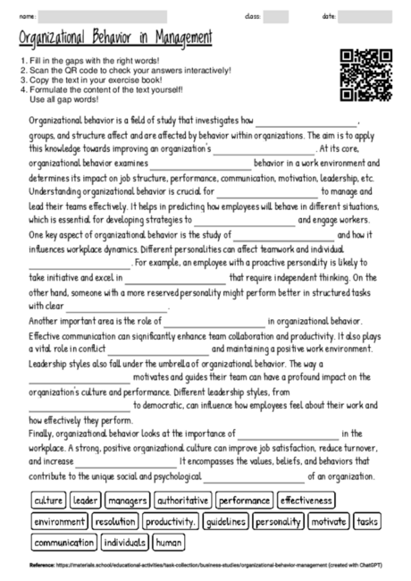 Worksheet with the topic "Organizational Behavior in Management ...