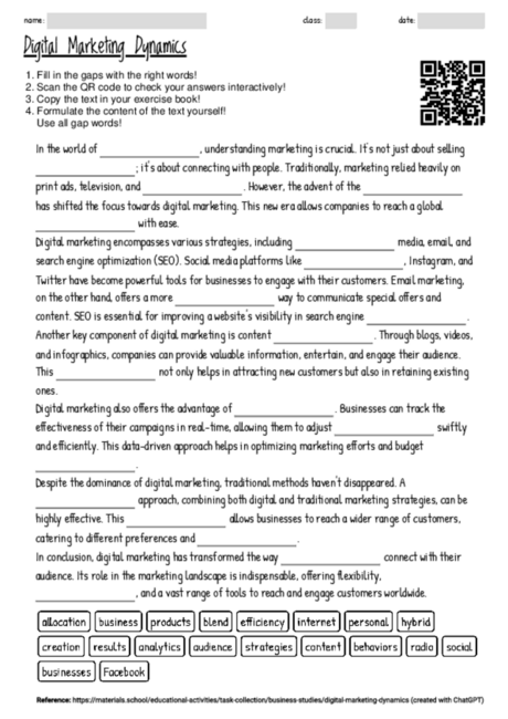 Worksheet with the topic "Digital Marketing Dynamics" | MATERIALS.SCHOOL