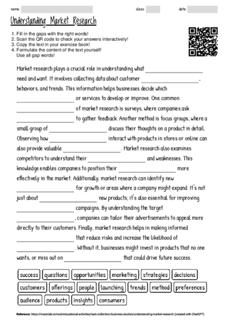 Worksheet with the topic "Understanding Market Research" | MATERIALS.SCHOOL