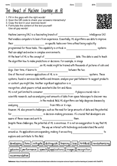 Worksheet with the topic "The Impact of Machine Learning on AI ...