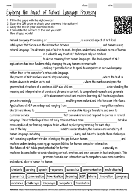 Worksheet with the topic "Exploring the Impact of Natural Language ...