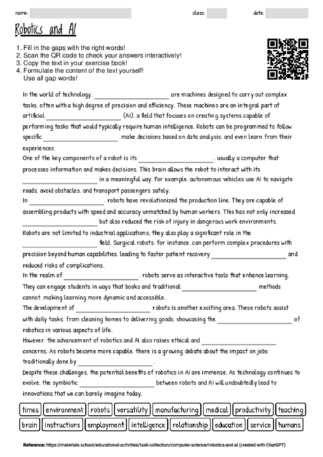 Worksheet with the topic "Robotics and AI" | MATERIALS.SCHOOL