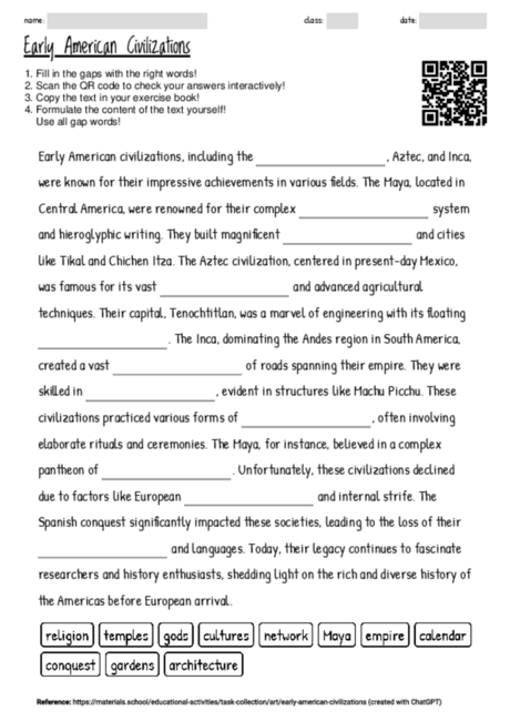 Worksheet with the topic "Early American Civilizations" | MATERIALS.SCHOOL