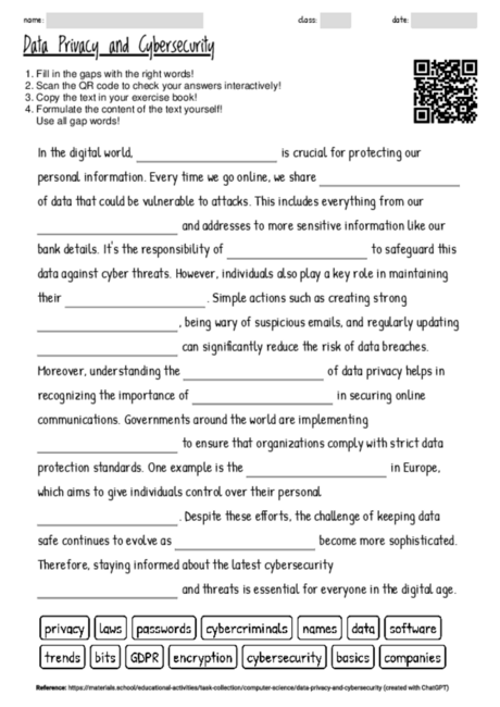 Worksheet with the topic "Data Privacy and Cybersecurity" | MATERIALS ...