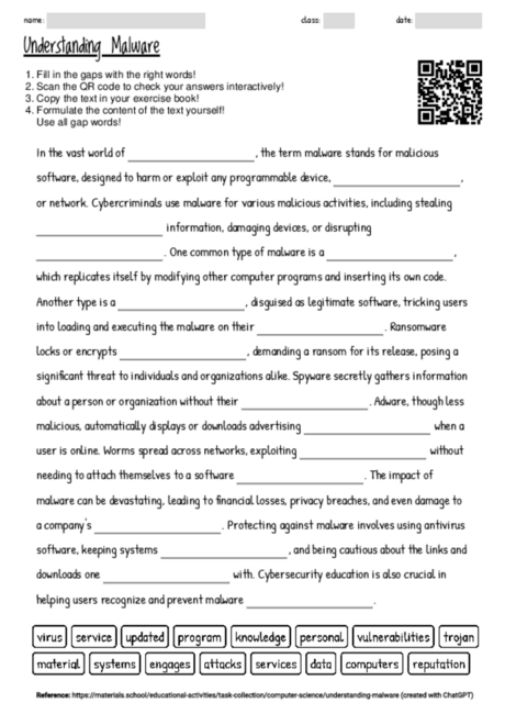 Worksheet with the topic "Understanding Malware" | MATERIALS.SCHOOL