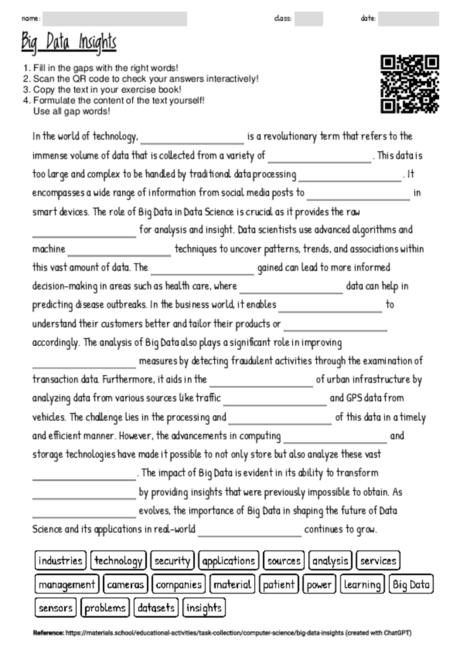 Worksheet with the topic "Big Data Insights" | MATERIALS.SCHOOL
