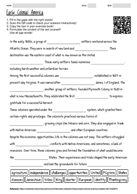 Worksheet with the topic "Early Colonial America" | MATERIALS.SCHOOL