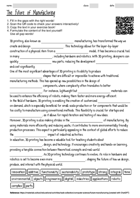 Worksheet with the topic "The Future of Manufacturing" | MATERIALS.SCHOOL