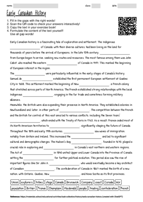 Worksheet with the topic "Early Canadian History" | MATERIALS.SCHOOL