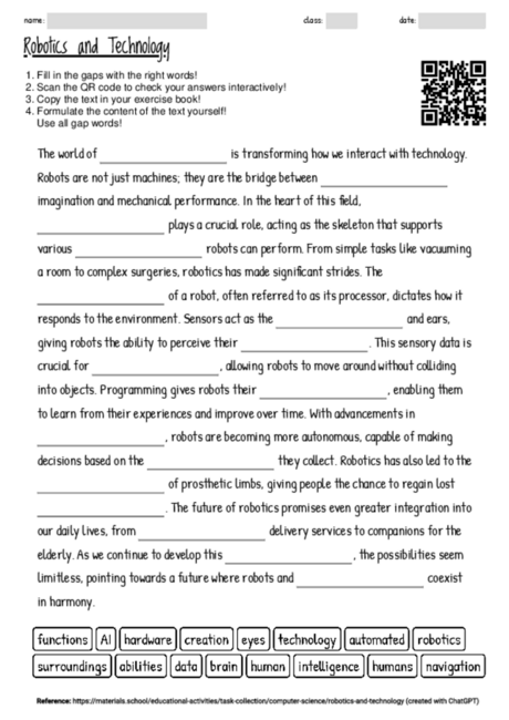 Worksheet with the topic "Robotics and Technology" | MATERIALS.SCHOOL