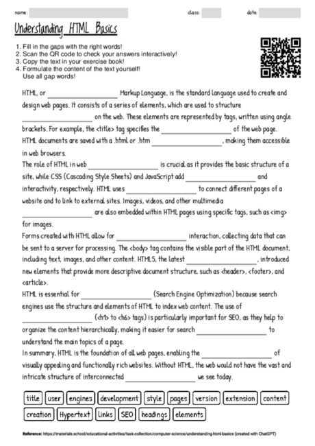 Worksheet with the topic "Understanding HTML Basics" | MATERIALS.SCHOOL