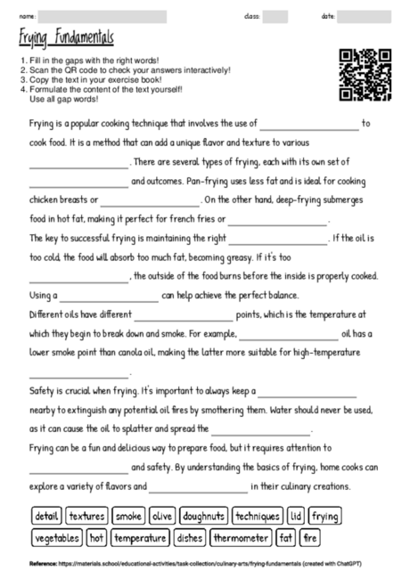 Worksheet with the topic "Frying Fundamentals" | MATERIALS.SCHOOL