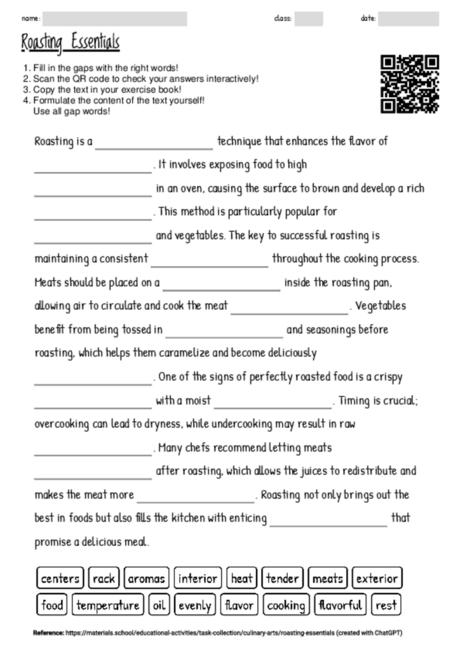 Worksheet with the topic "Roasting Essentials" | MATERIALS.SCHOOL