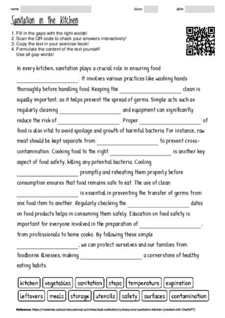 Worksheet with the topic "Sanitation in the Kitchen" | MATERIALS.SCHOOL