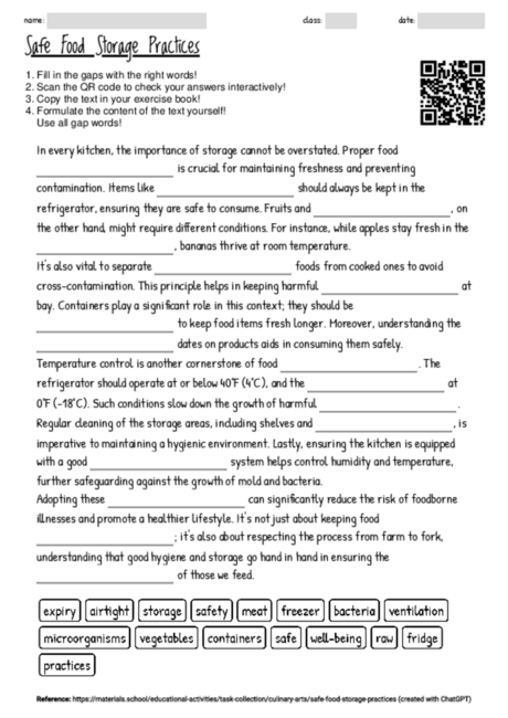 Worksheet with the topic "Safe Food Storage Practices" | MATERIALS.SCHOOL