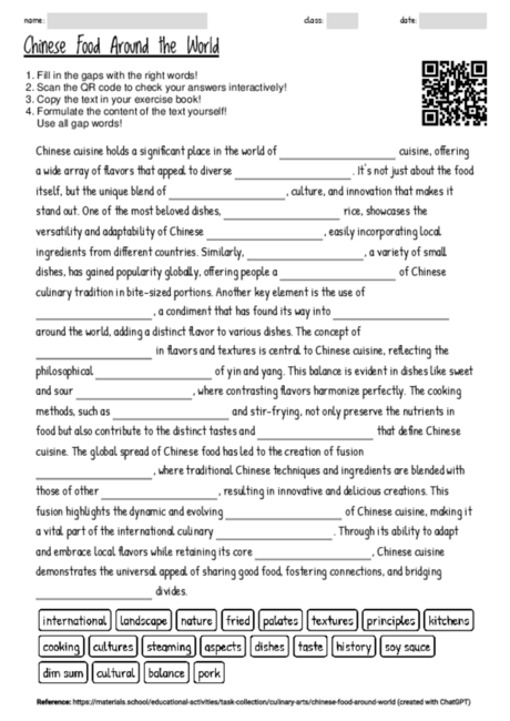 Worksheet with the topic "Chinese Food Around the World" | MATERIALS.SCHOOL