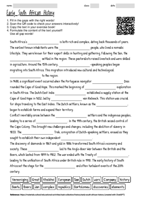 Worksheet with the topic "Early South African History" | MATERIALS.SCHOOL