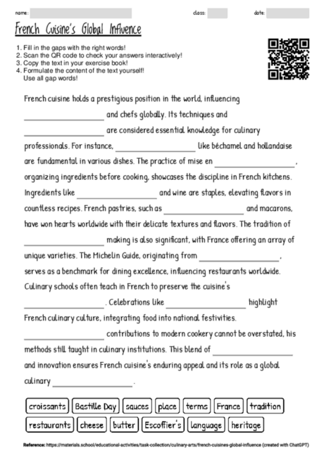 Worksheet with the topic "French Cuisine's Global Influence ...