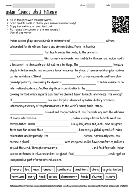 Worksheet with the topic "Indian Cuisine's World Influence" | MATERIALS ...