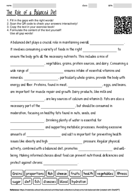 Worksheet with the topic "The Role of a Balanced Diet" | MATERIALS.SCHOOL